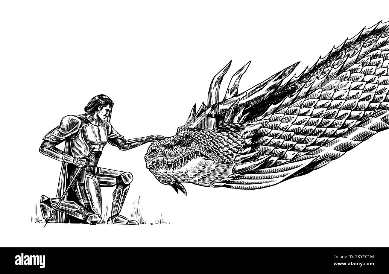 The knight strokes the dragon. Man in armor. Mythological animal or ...