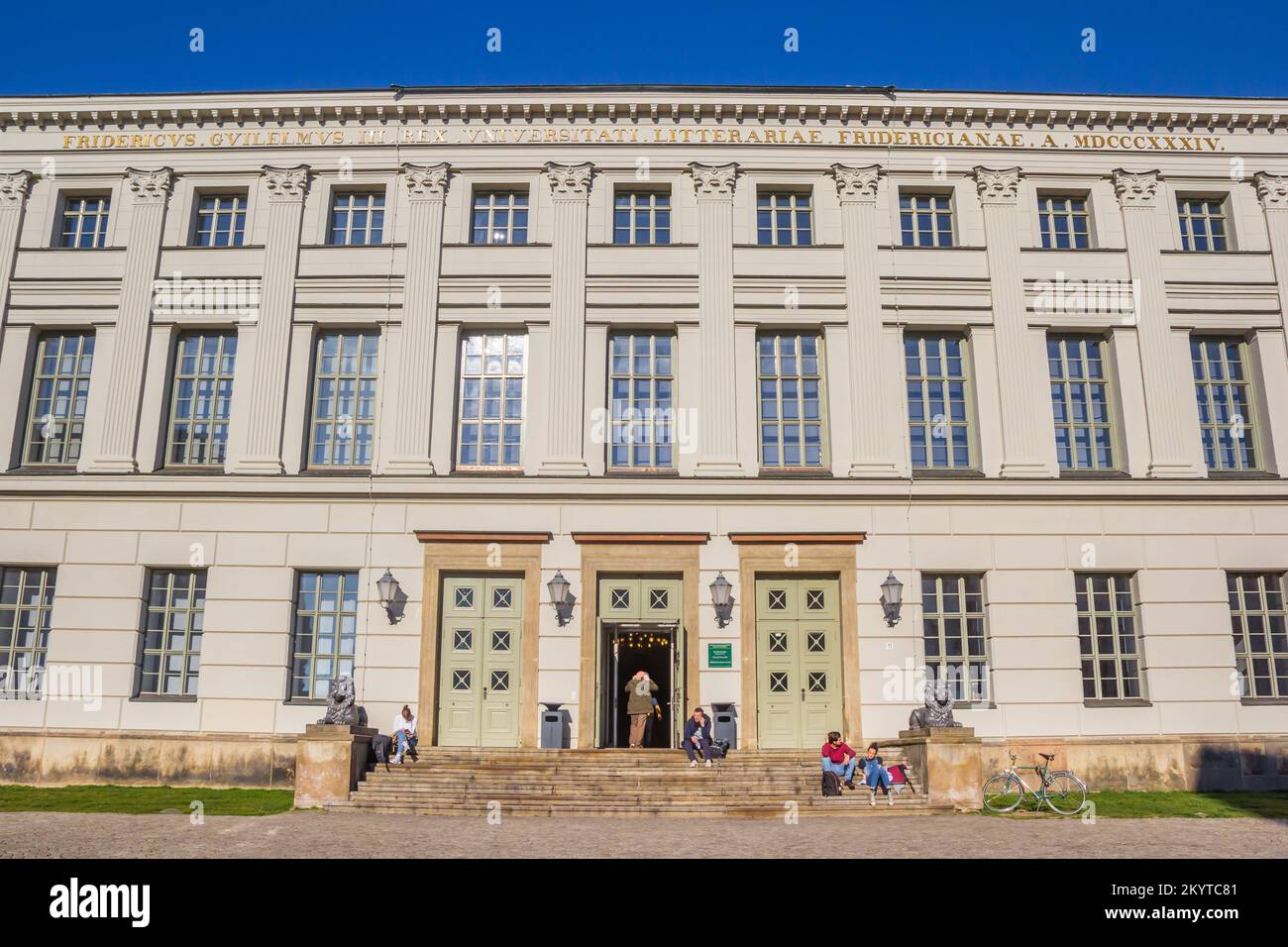 Front facade of the university building in historic city Halle, Germany ...