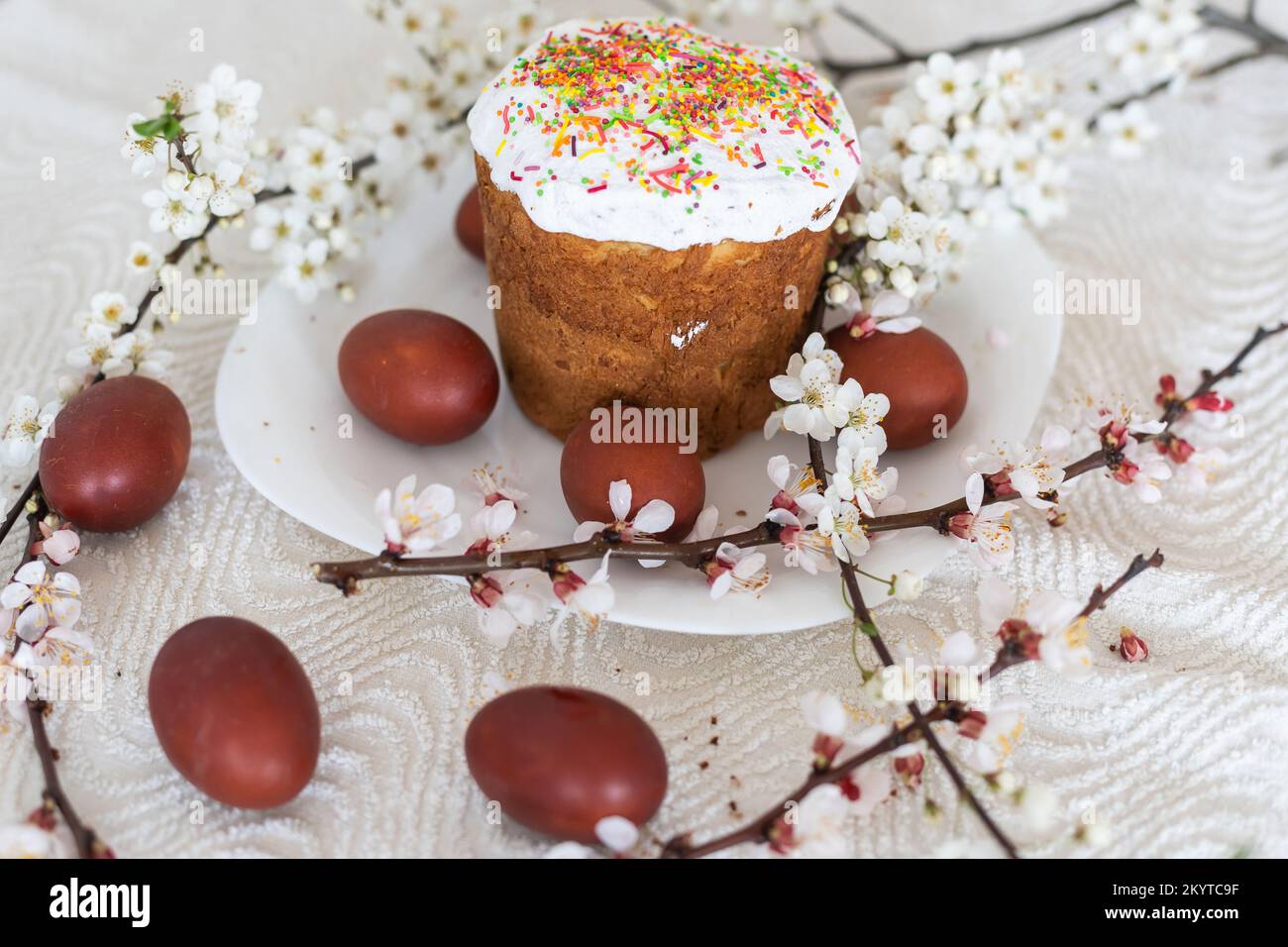Easter composition. A blooming apricot branch, painted eggs and a ...