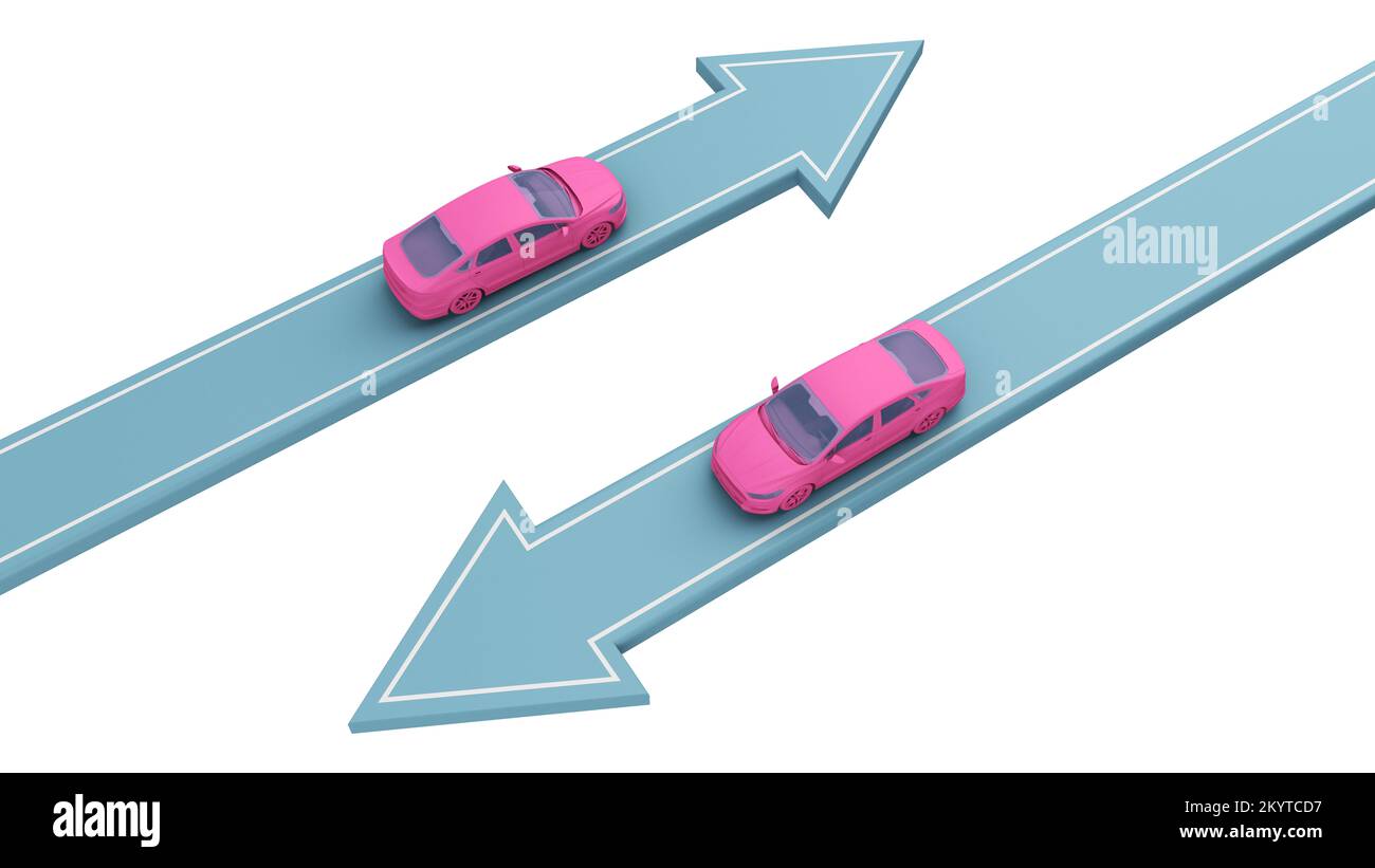 pink car go in different directions arrows isolated on white. 3d ...