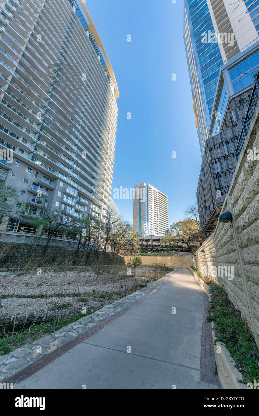 Downtown Austin, Texas- Pathway near the river canal in the middle of ...