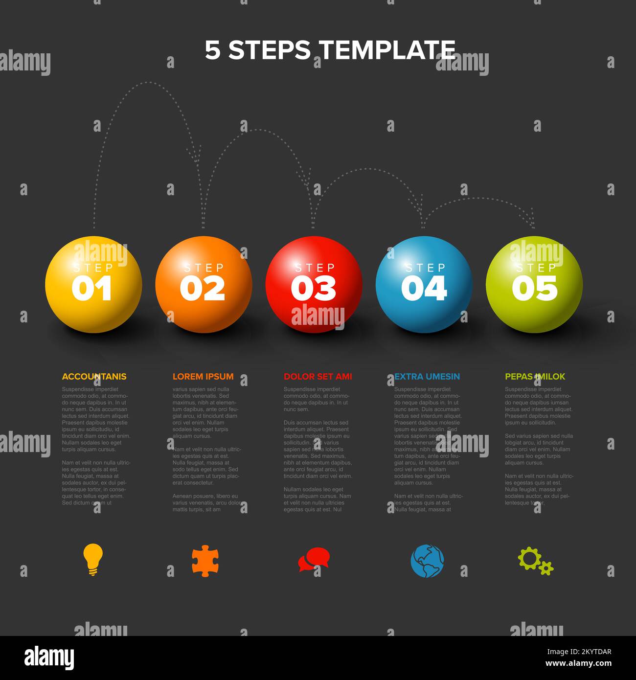 Vector dark multipurpose funny bouncing Infographic template with numbers descriptions icons and ...