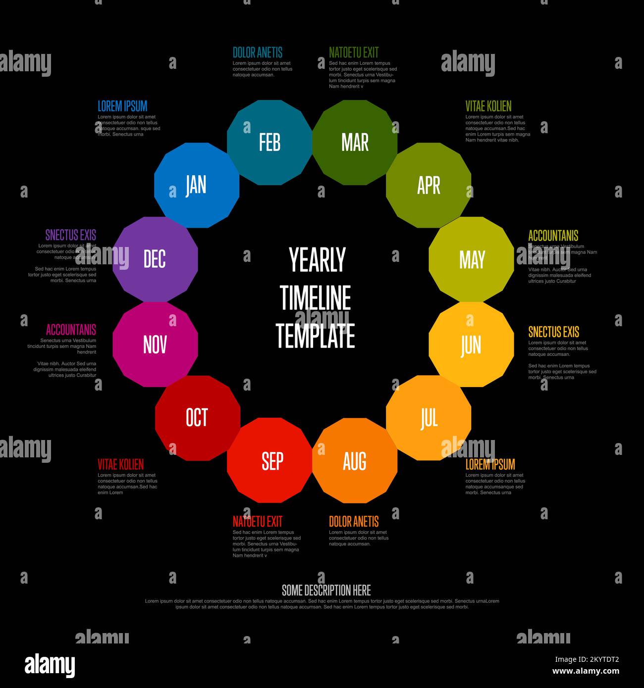 Full year timeline template with all rainbow colored months as circles ...