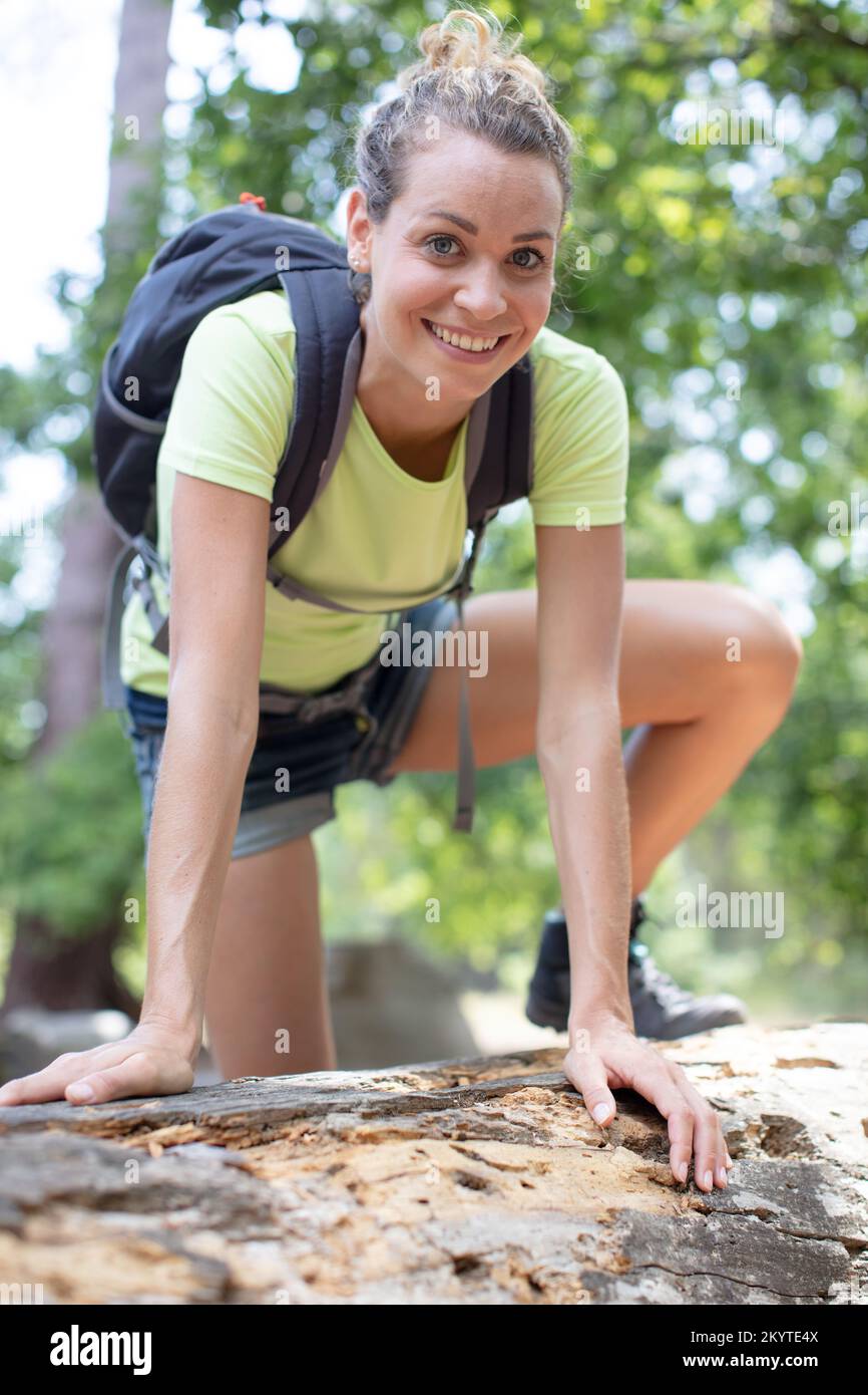 profile of happy hiker woman wandering in forest Stock Photo - Alamy