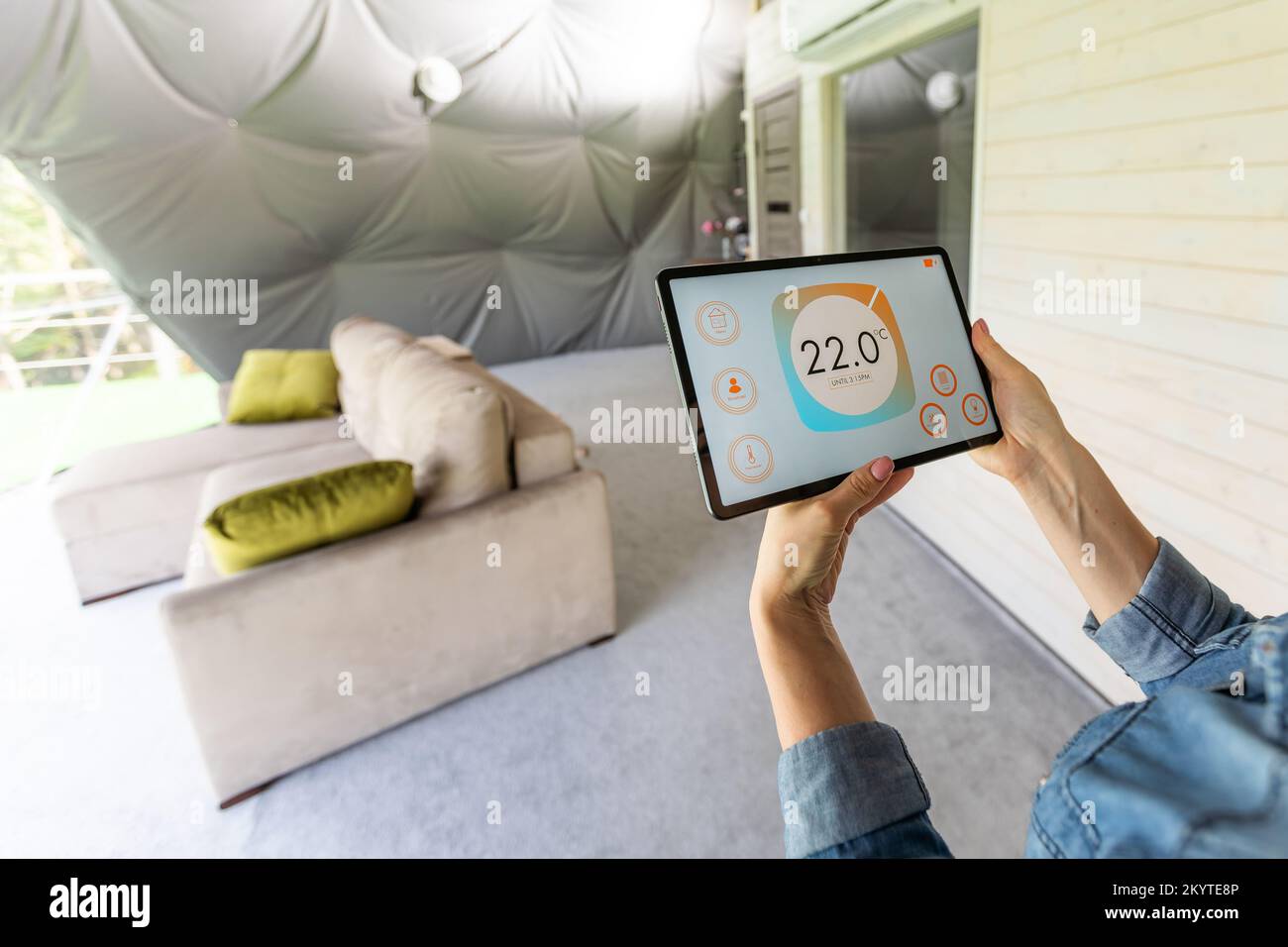Modern home smart automation app on tablet display in woman hands Stock ...