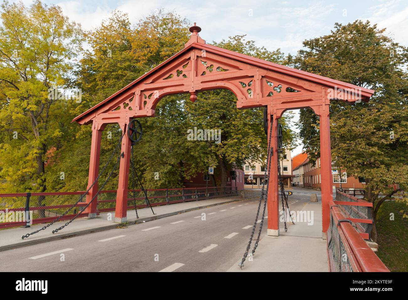 Red wooden arch at the entrance of the Old Town Bridge. Trondheim ...