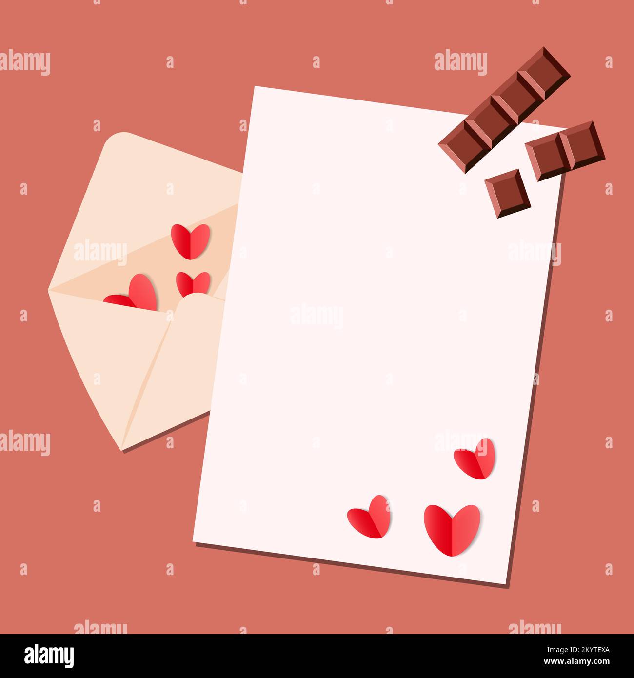 White envelope with red hearts and postcard with chocolate pieces ...