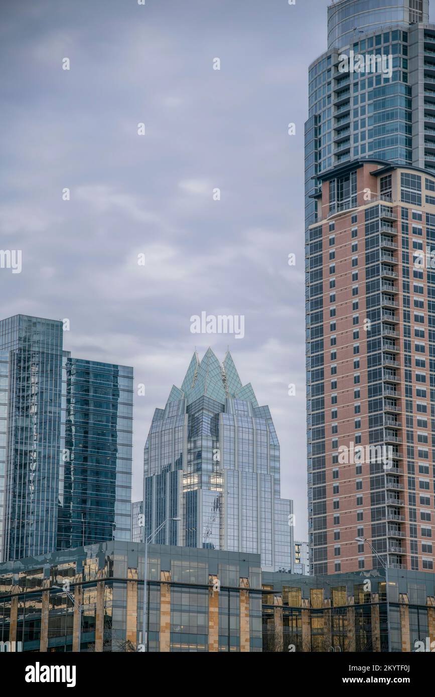 Austin, Texas- Skyscraper buildings against the cloudy sky views from ...