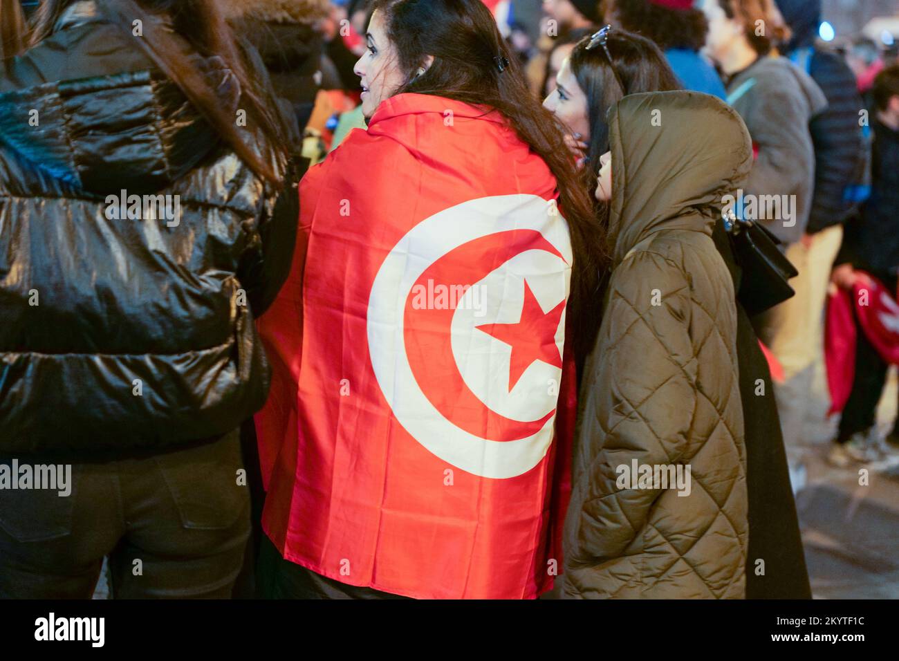 Paris, France, 01/12/2022. Moroccan and Tunisian supporters celebrate ...