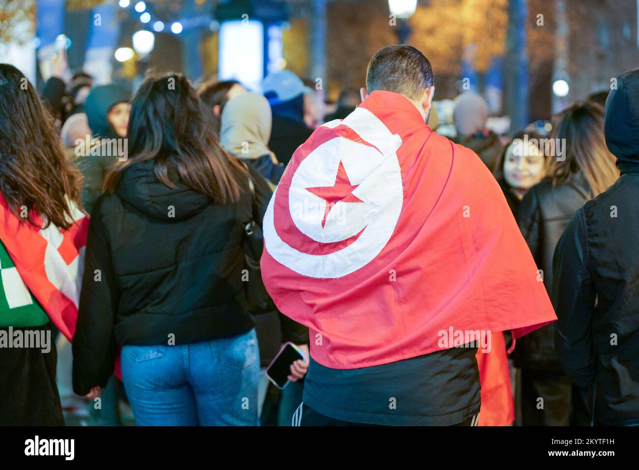 Paris, France, 01/12/2022. Moroccan and Tunisian supporters celebrate ...