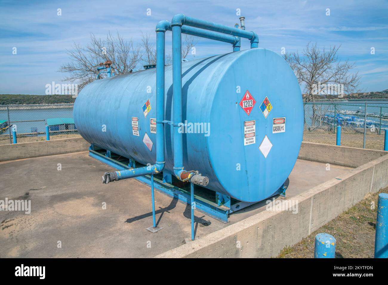 Austin, Texas- Blue propane tank with warning signs stickers at Lake ...