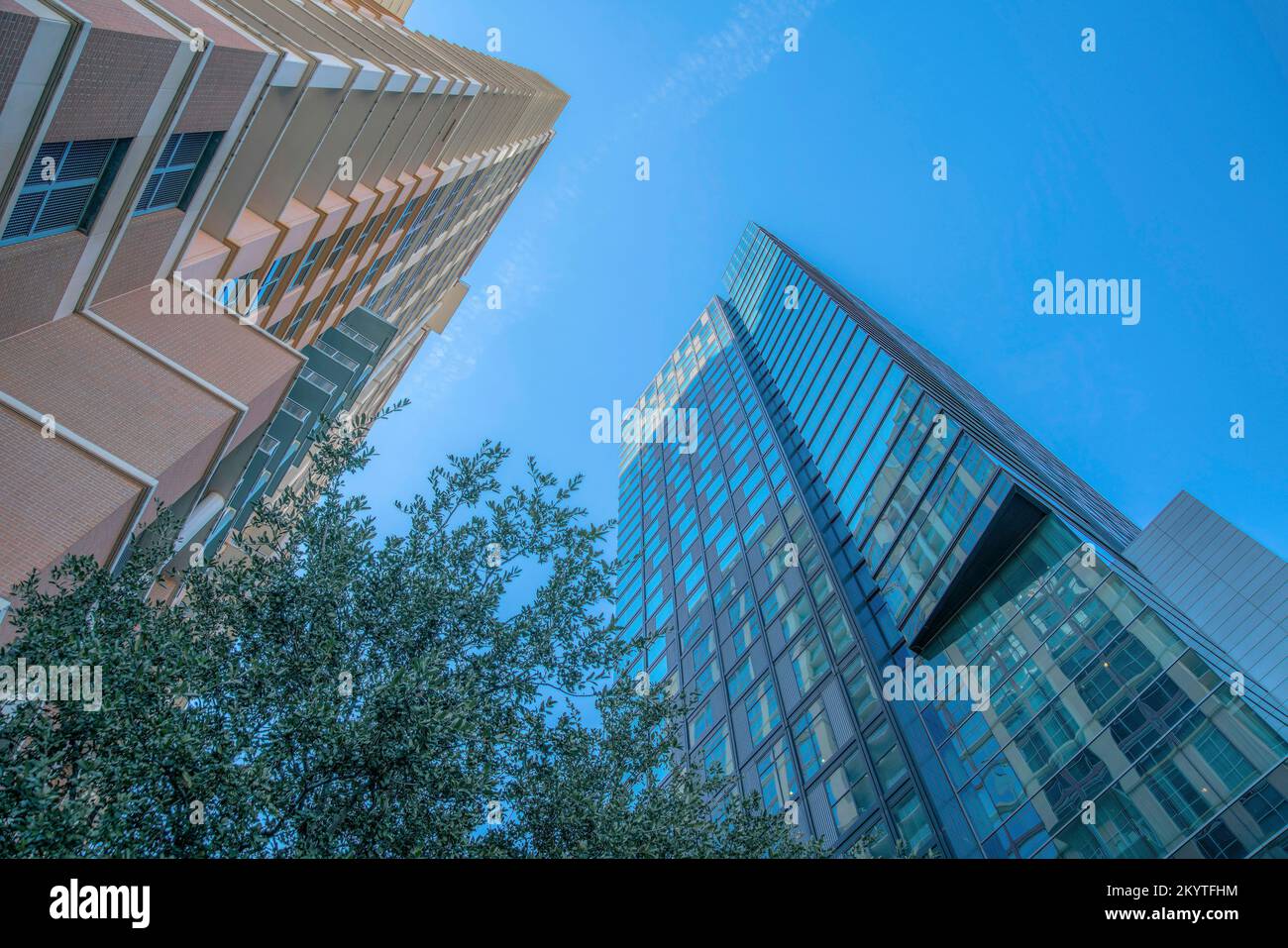Austin, Texas- Low angle view of two high rise residential buildings ...