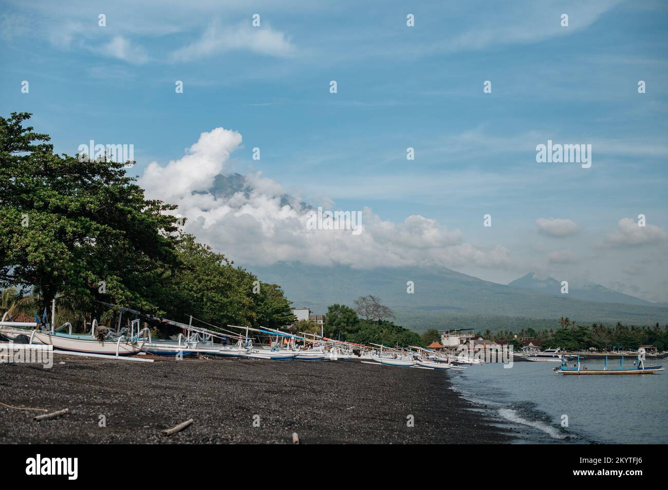 Aerial view of Amed beach in Bali, Indonesia. Traditional fishing boats ...