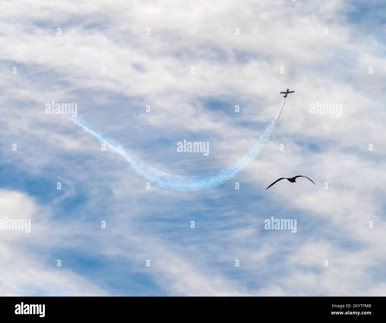 Aerobatics scenery showing a flying propeller-driven airplane with ...