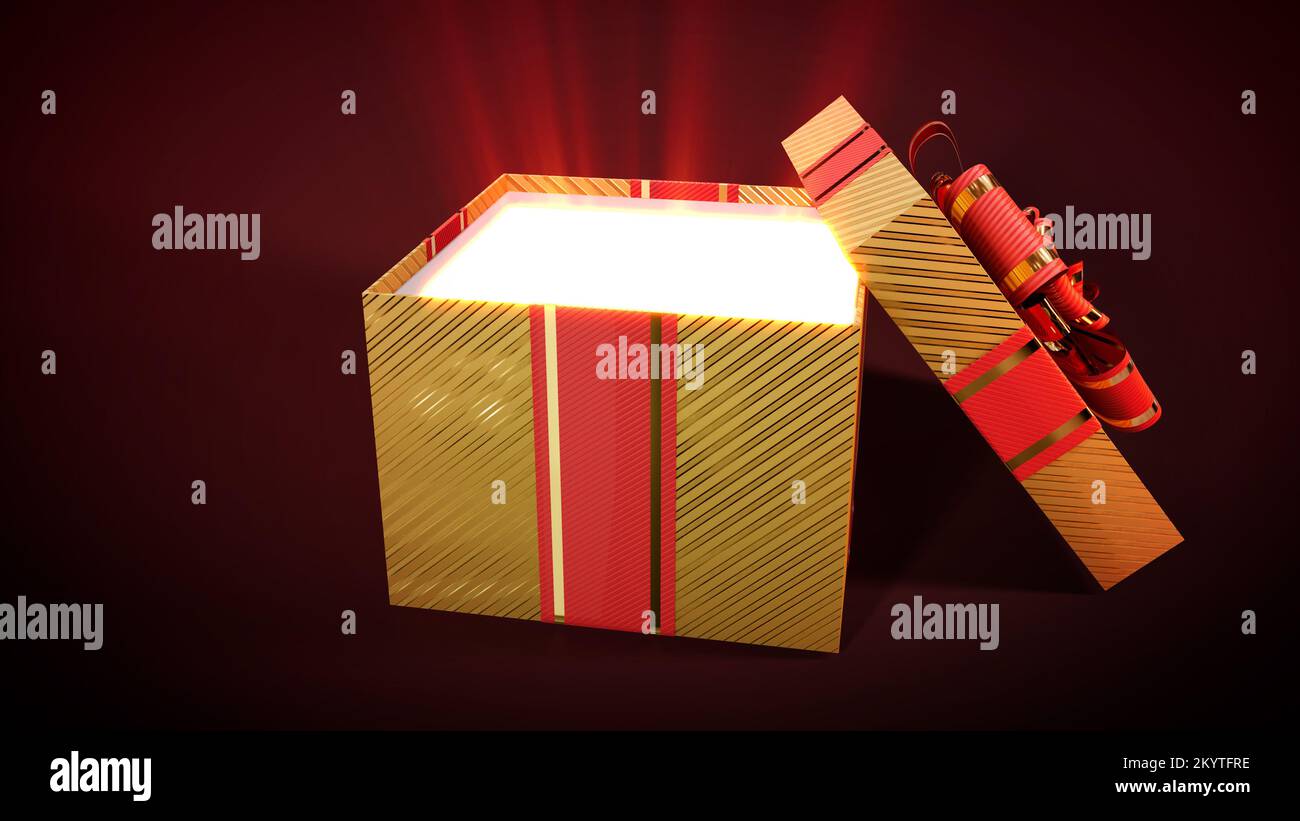 opened gold and red present with light from inside - object 3D ...
