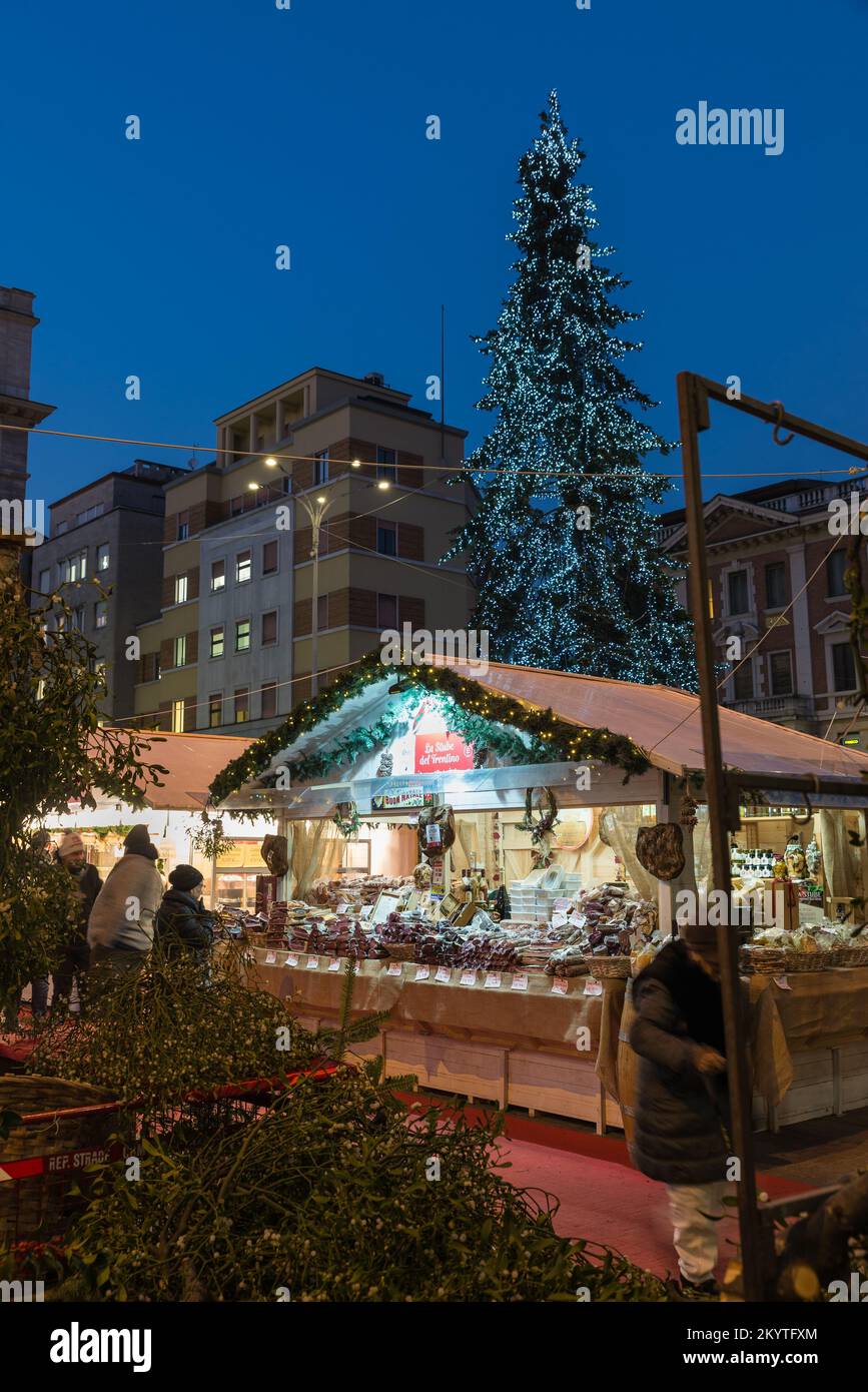 City center at dusk with typical christmas market, lights and big ...