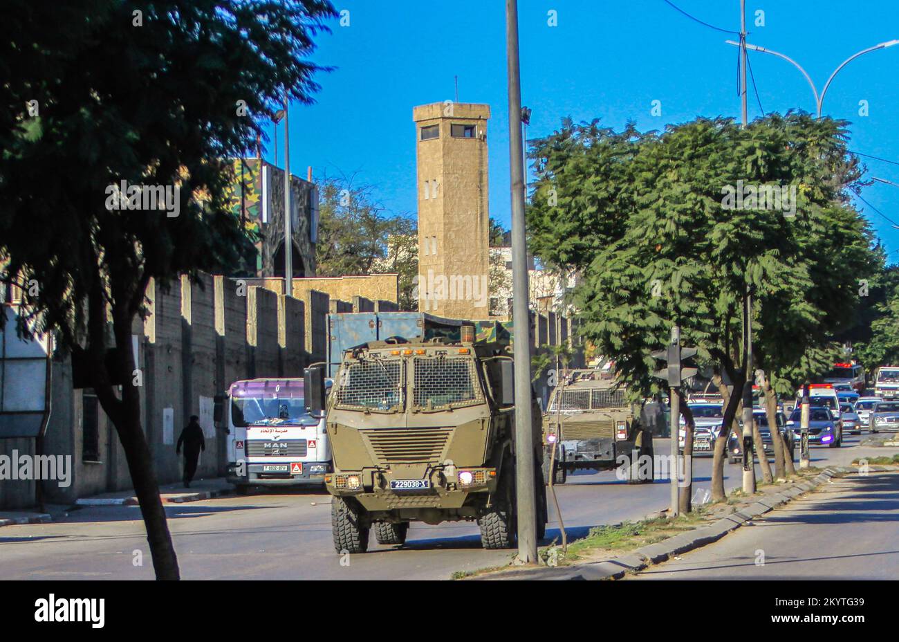 Nablus, Palestine - 02 Dec 2022, Israeli army vehicles seen withdrawing after they arrested a ...