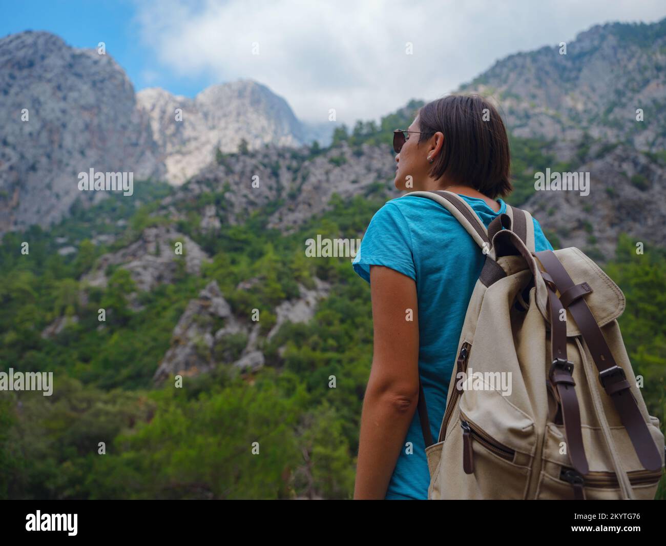 Tourist with backpack hike , Turkey travel, mediterranean area on a ...