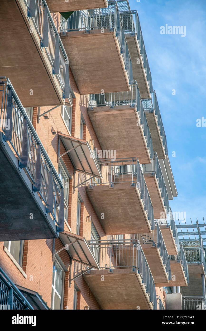 Austin, Texas- Views of balconies of an apartment from below. Apartment ...