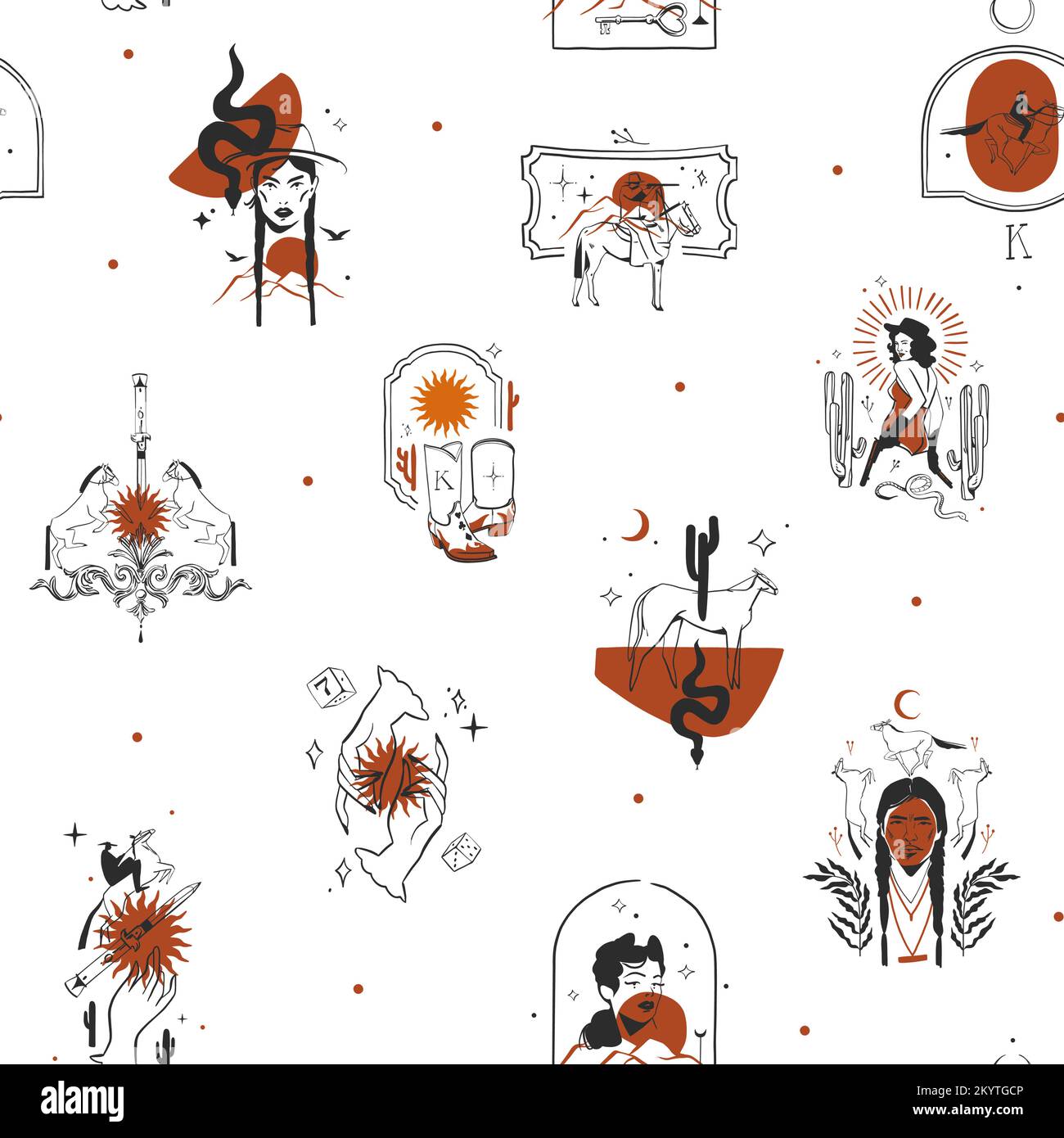 Hand drawn abstract vector graphic clipart illustration boho cowgirls ...