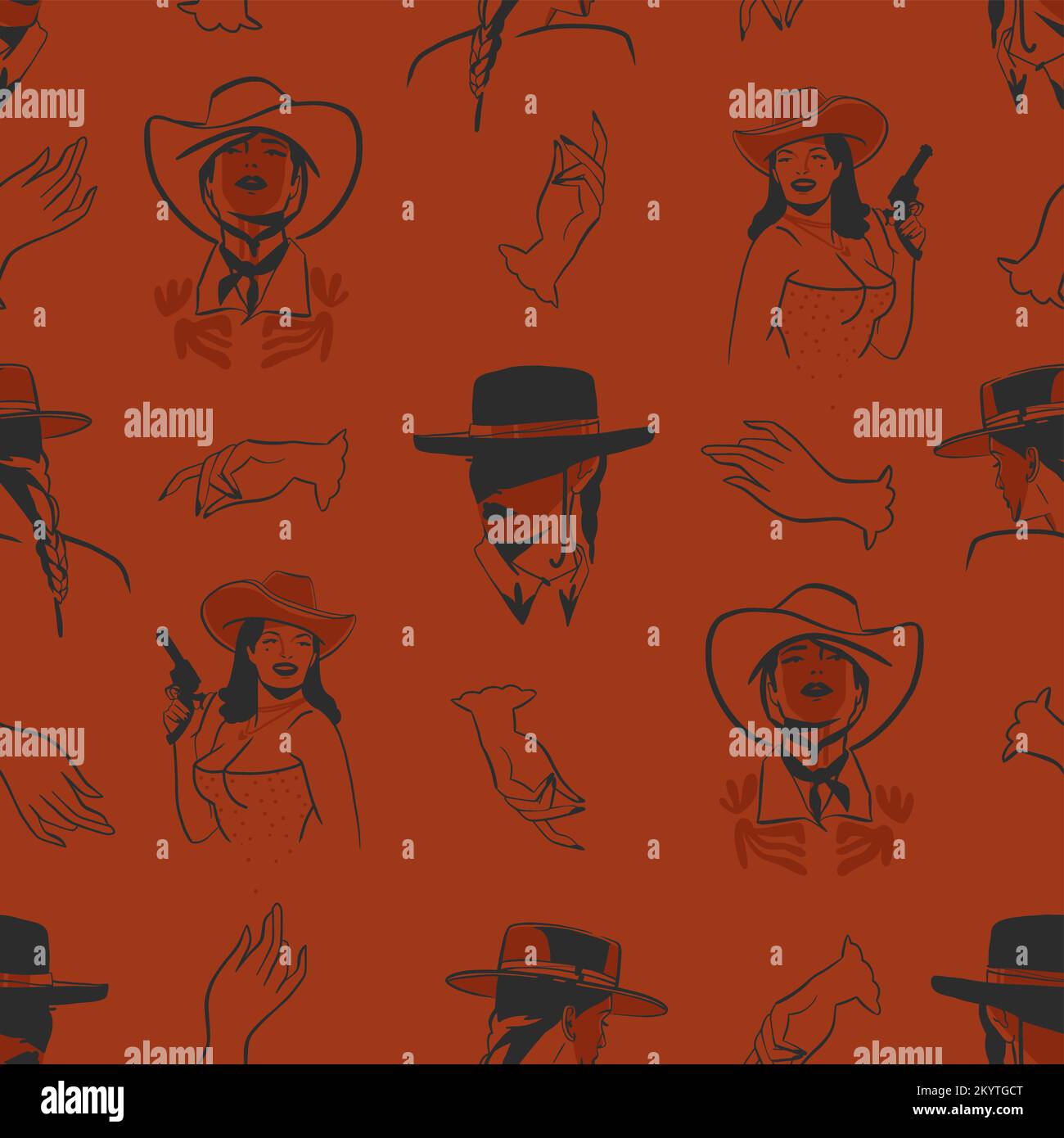 Hand drawn abstract vector graphic illustration boho cowgirl in hat ...