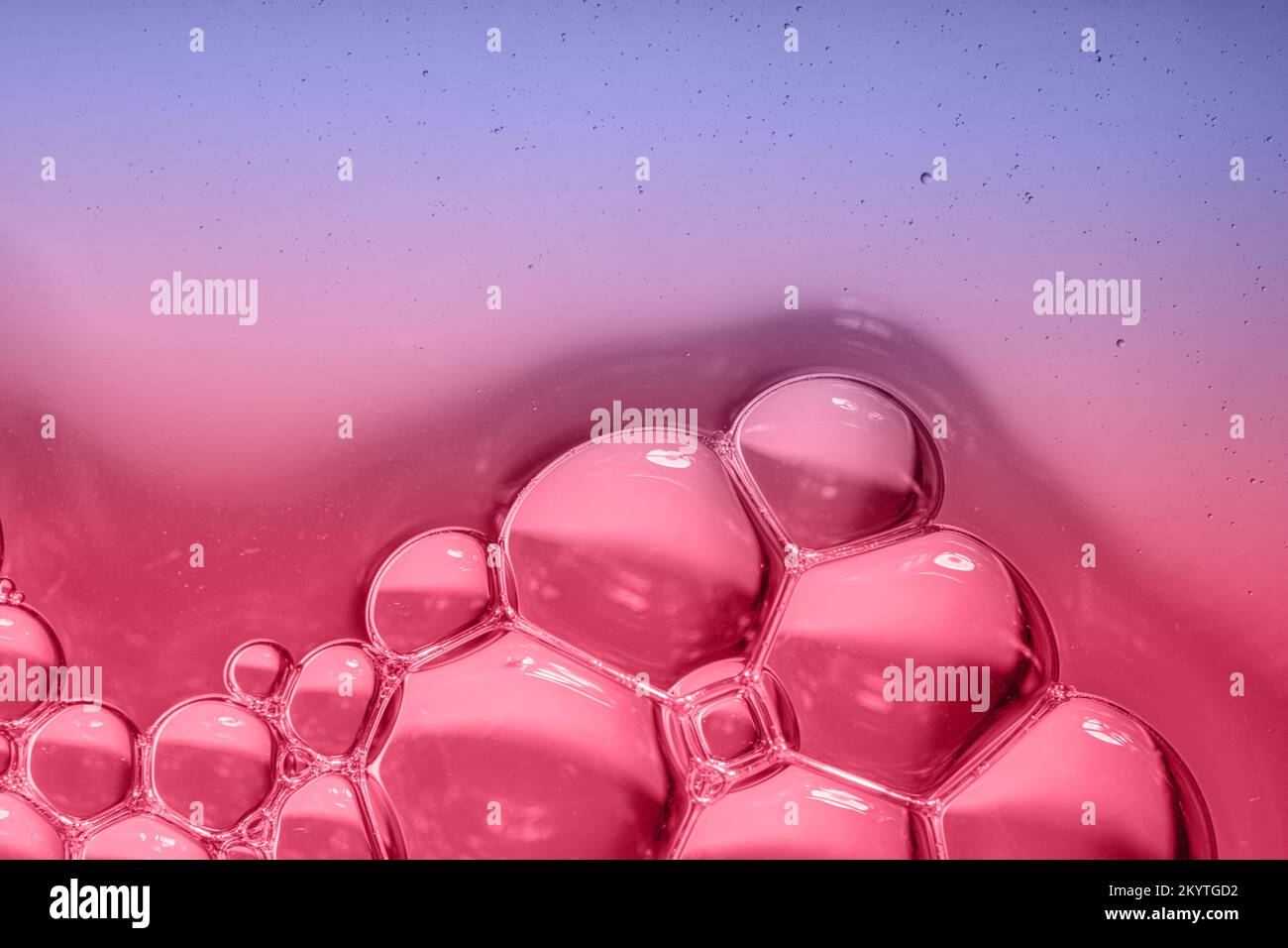 Magenta and purple liquid background with bubbles. Top view. Change ...