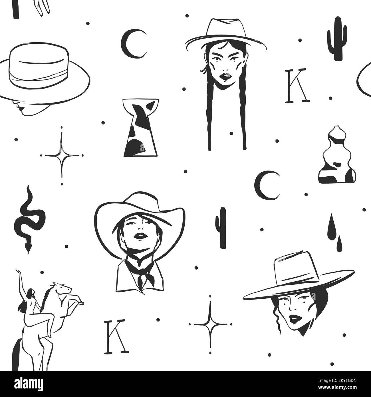 Hand drawn abstract vector graphic clipart illustration boho cowgirls ...