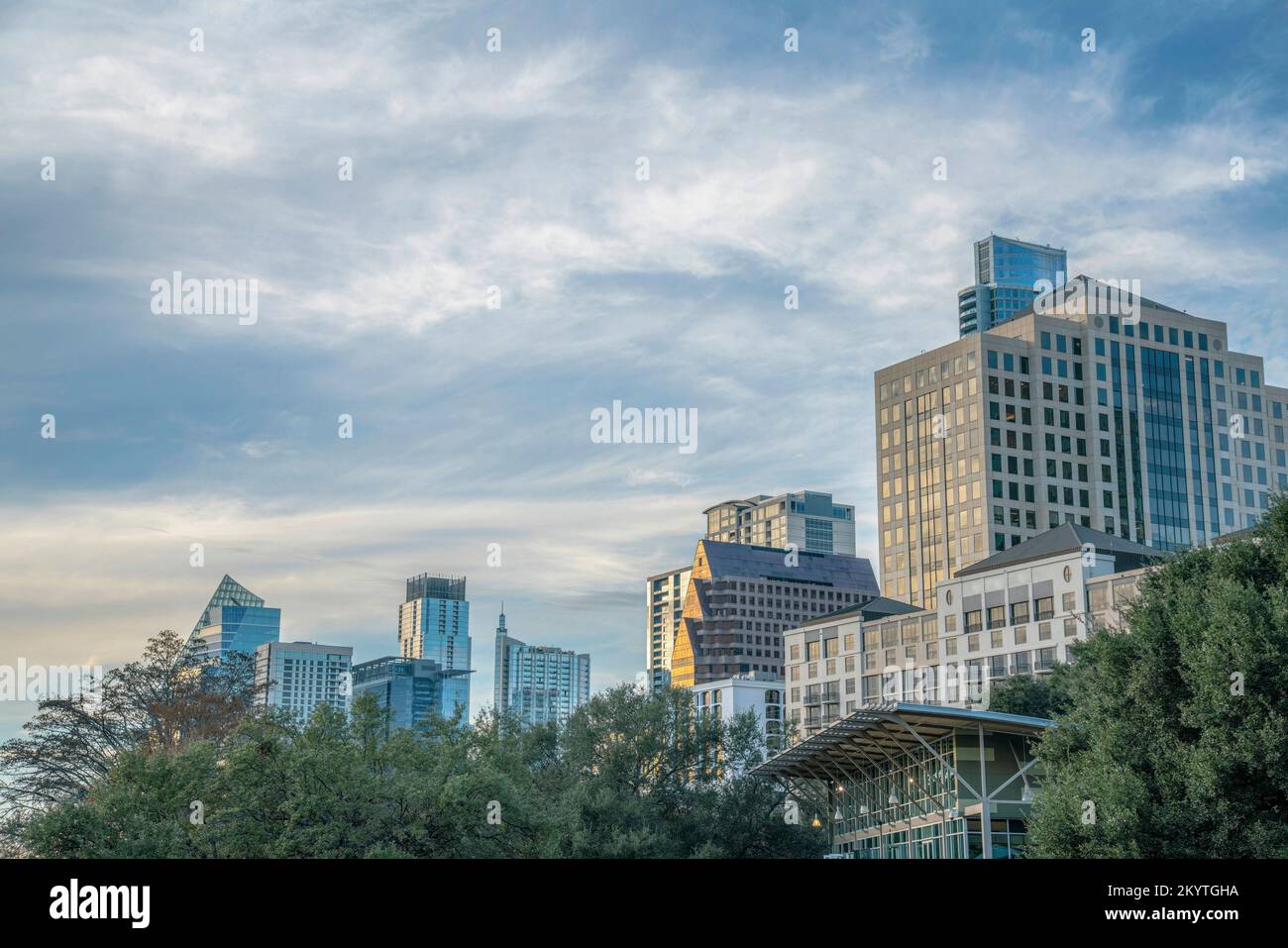 Austin, Texas- District area of Austin with high-rise buildings against ...