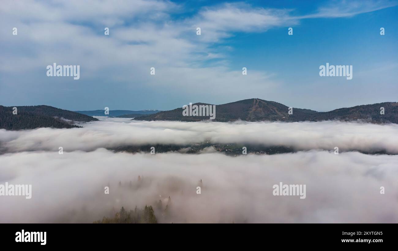 Fog in the mountains. Aerial photography. View of foggy mountains ...