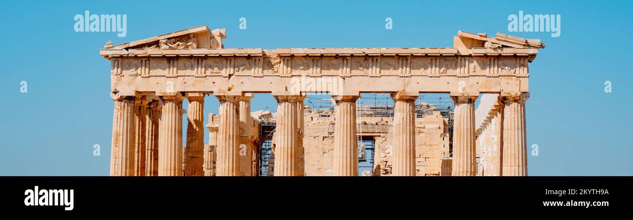 a view of the top section of the remains of the famous Parthenon, in ...
