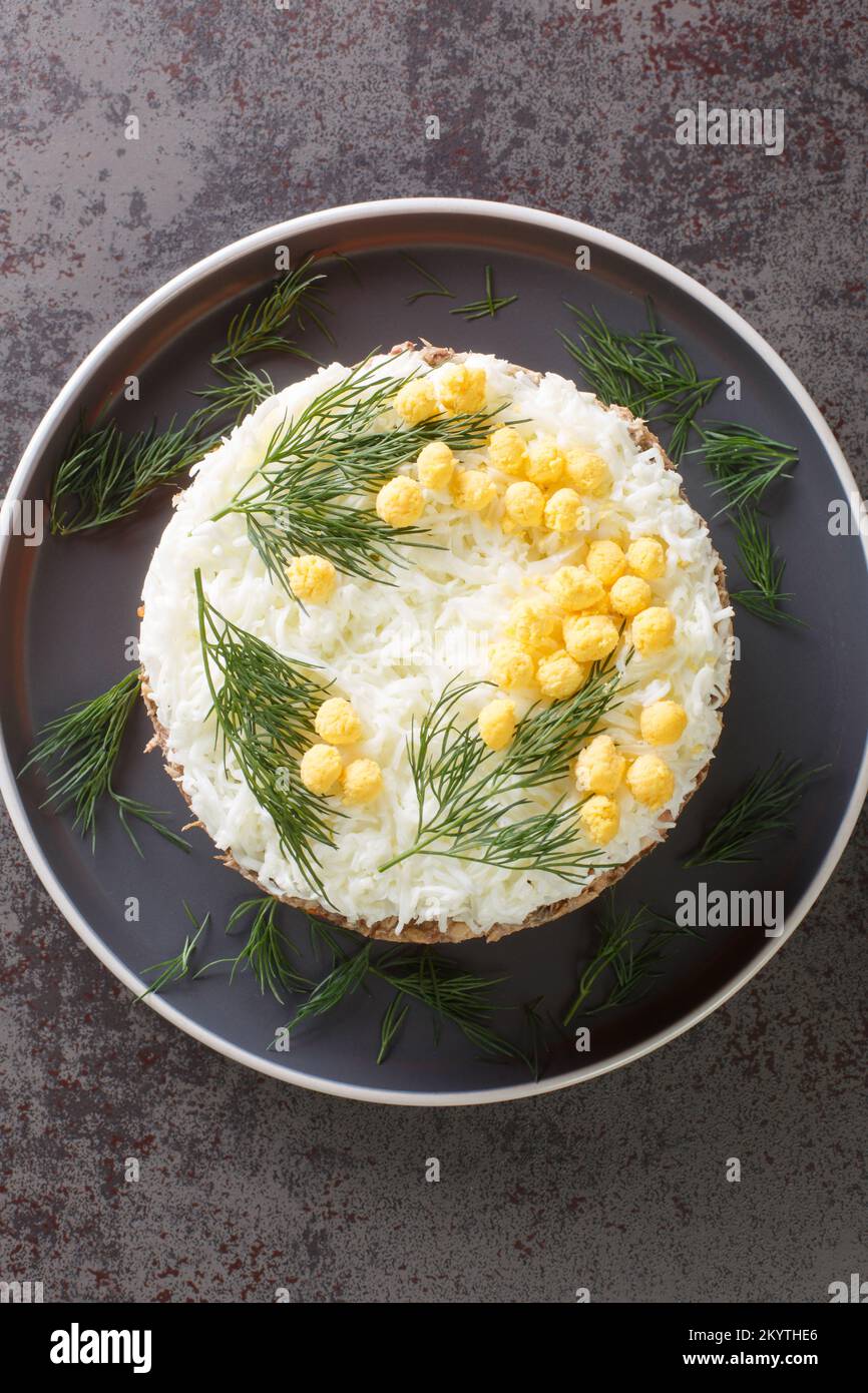 Traditional Russian salad Mimosa with vegetables, eggs and canned fish ...