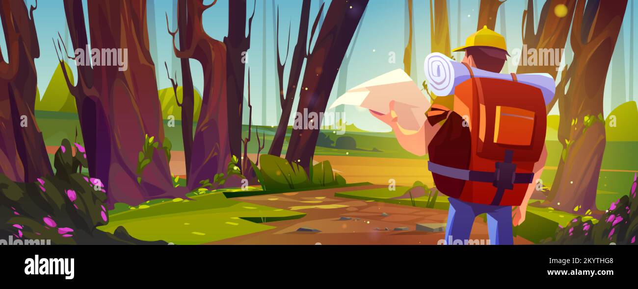 Tourist stand at beautiful wood landscape look in map check the route ...