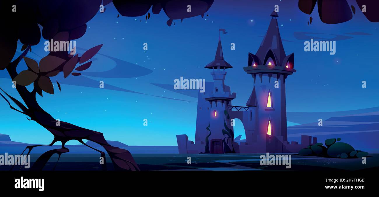 Fairy tale castle under night starry sky. Cartoon vector illustration ...