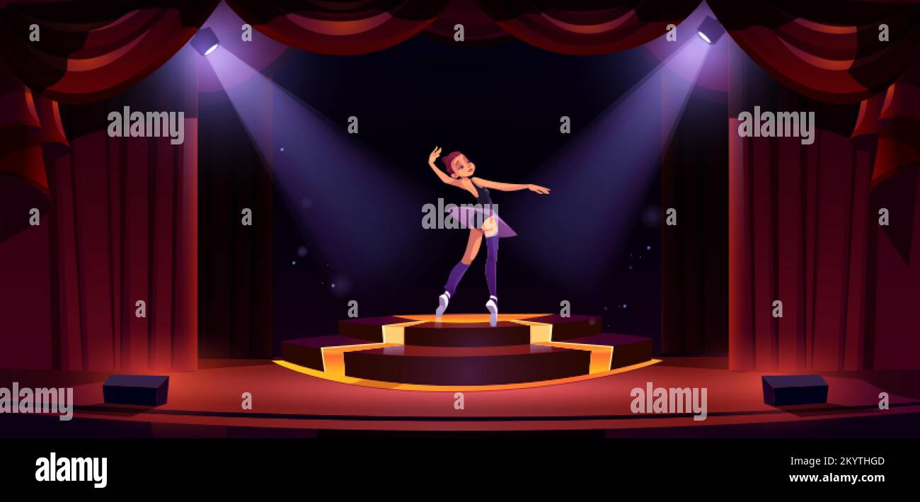 Beautiful ballerina dancing alone on stage in spotlight beam. Cartoon ...