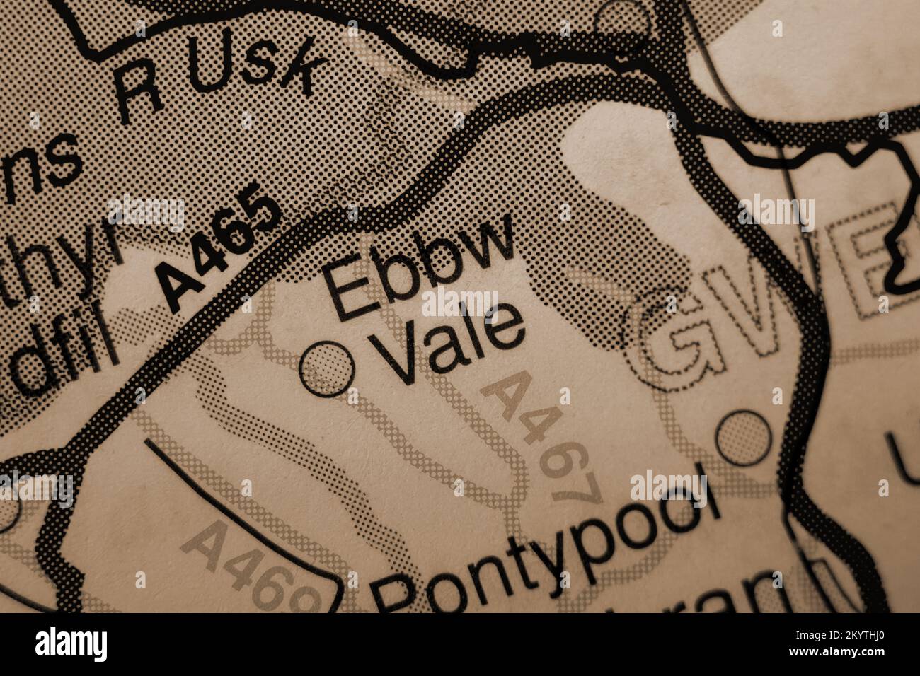 Ebbw Vale, United Kingdom atlas map town name - sepia Stock Photo - Alamy
