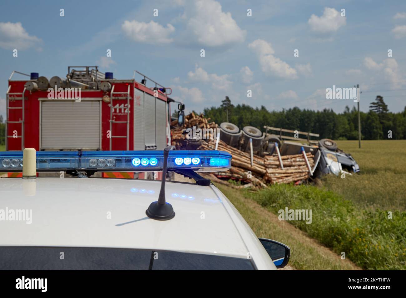 Police car blue lights on a car accident place Stock Photo - Alamy