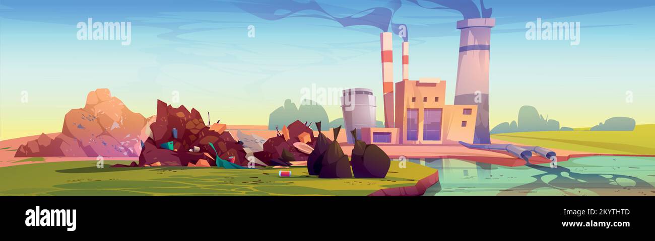 Landfill at river shore, ecology pollution concept with factory pipes ...