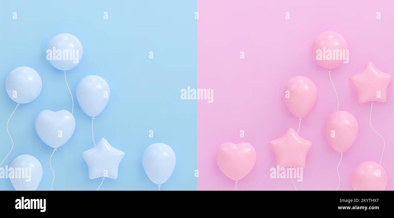 Bouquet, bunch of realistic pink and blue balloons flying. Vector ...