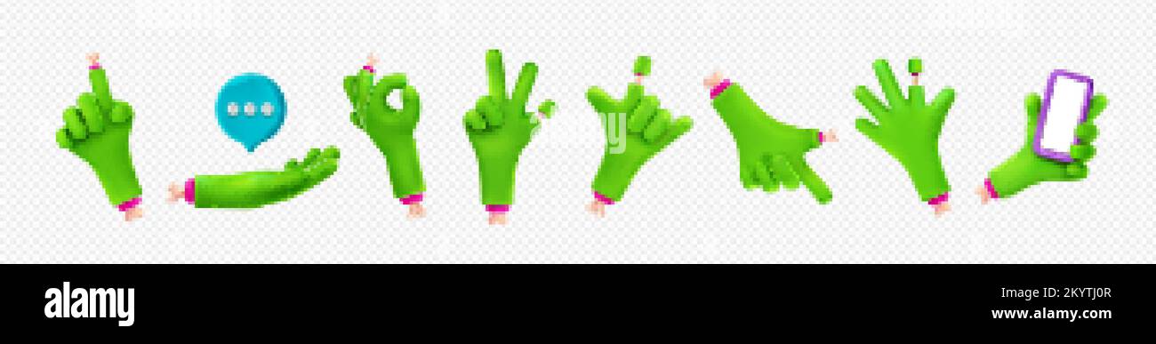 Zombie hand gestures set on transparent background. Green monster ...