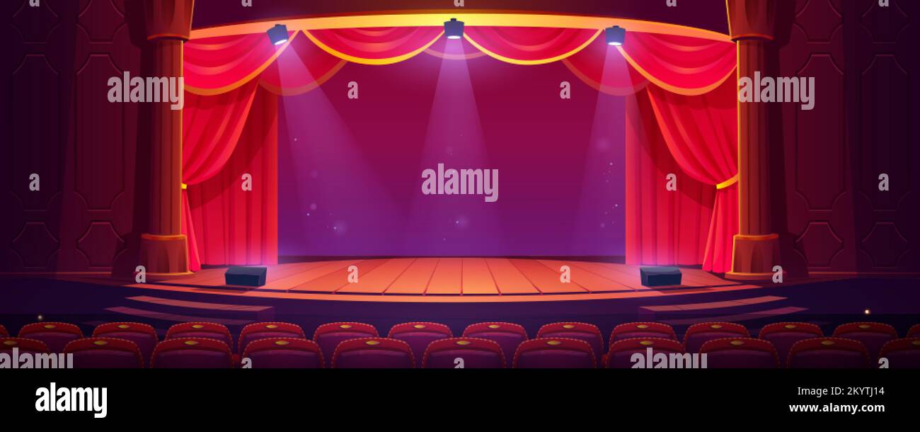Empty theater stage with red curtains and spotlights. Cartoon vector ...