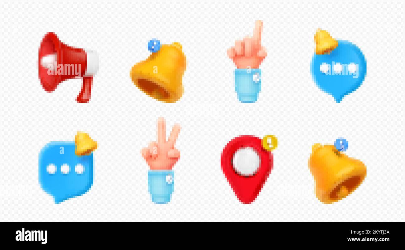 3d render notification and reminders social media icons. Bell, message ...