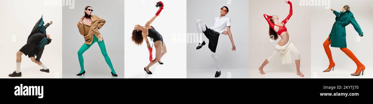 Collage. Stylish young people, man and woman in odd fashion clothes ...