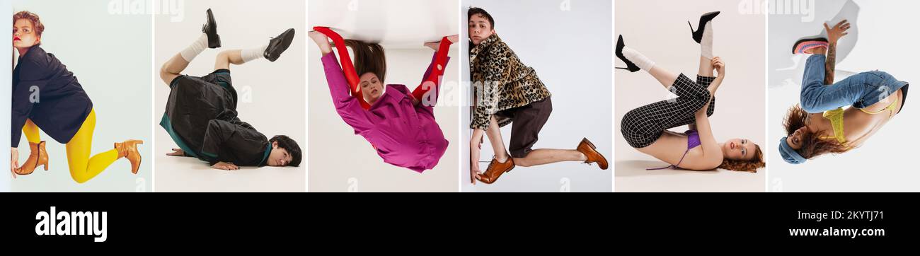 Collage. Young weird people, man and woman in bright clothes posing in ...