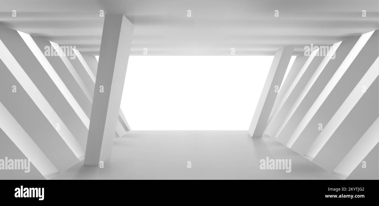 Empty corridor, hall with inclined white walls and columns. Modern ...