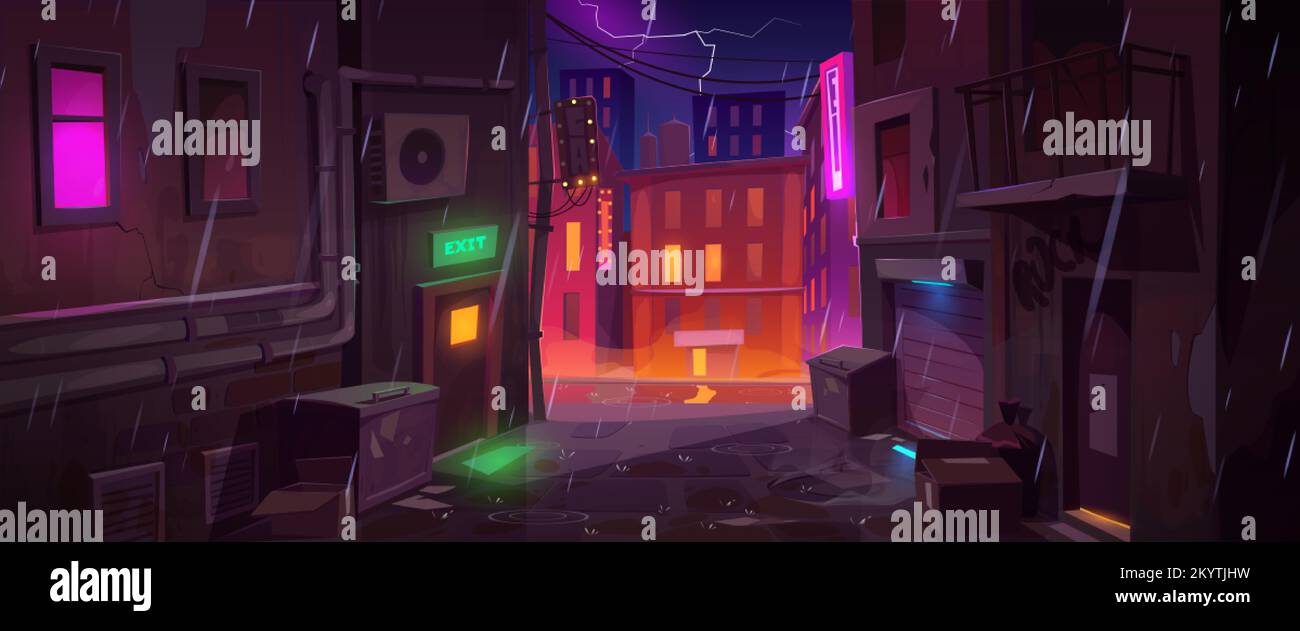 Back street alley with old city houses in rain at night. Empty dark ...