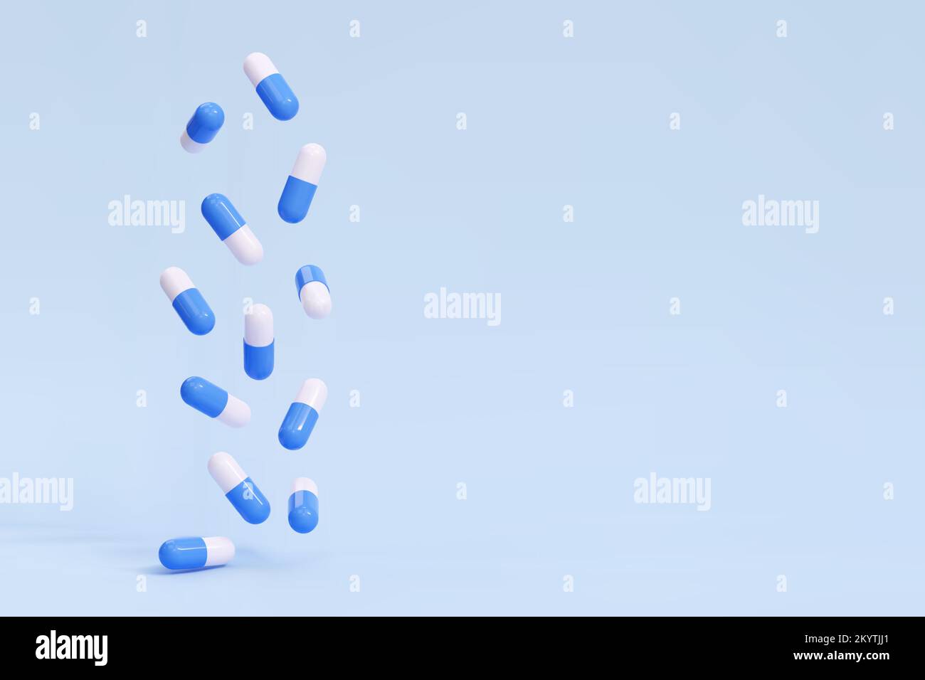 3D falling pills capsules on a blue background. Antibiotic, vitamin ...