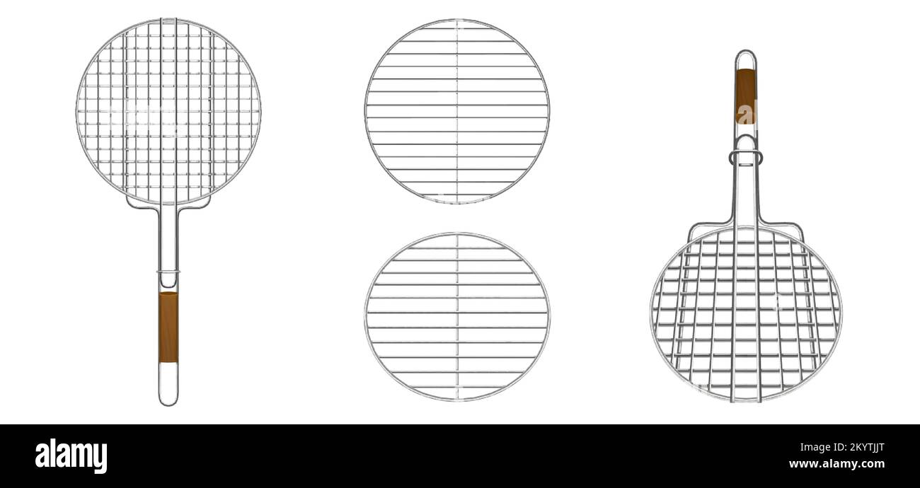 Realistic set of round steel BBQ grids with wooden handle for cooking ...