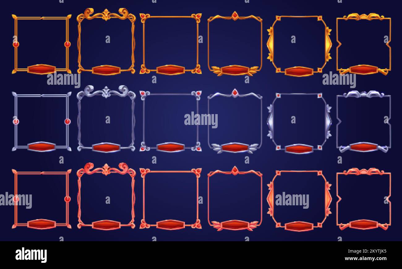 Golden silver copper vintage game frames, ui medieval square borders ...