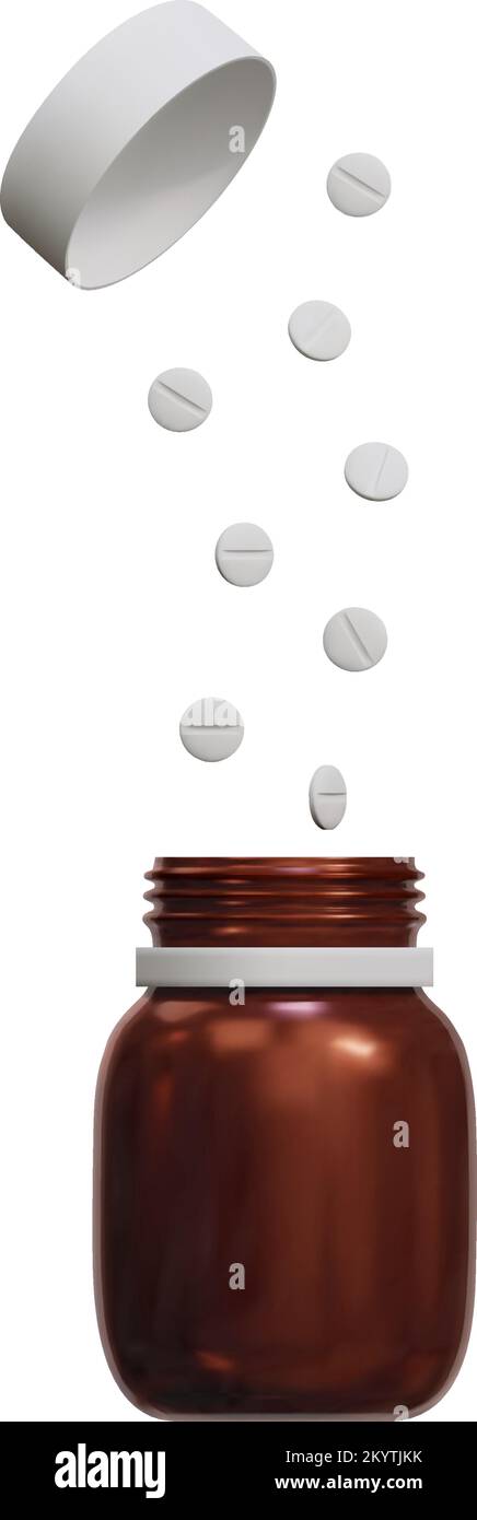 3D falling pills tablets with bottle mockup on a white background ...