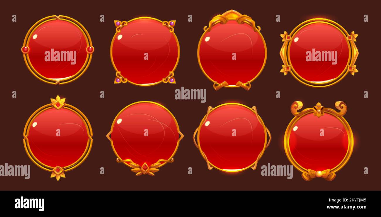 Red game buttons, achievement badges with golden frames. Vector cartoon ...